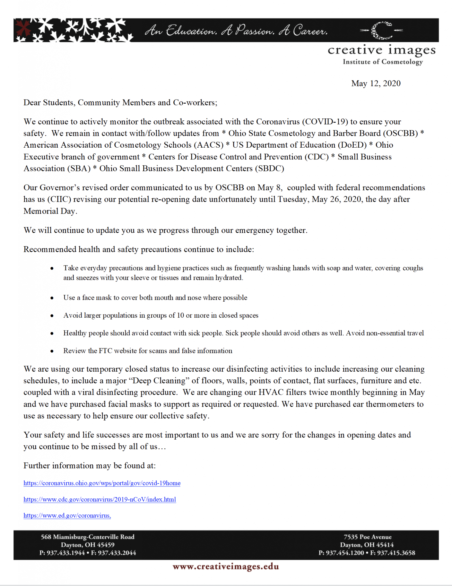School Reopening Announcement - Creative Images Institute of Cosmetology